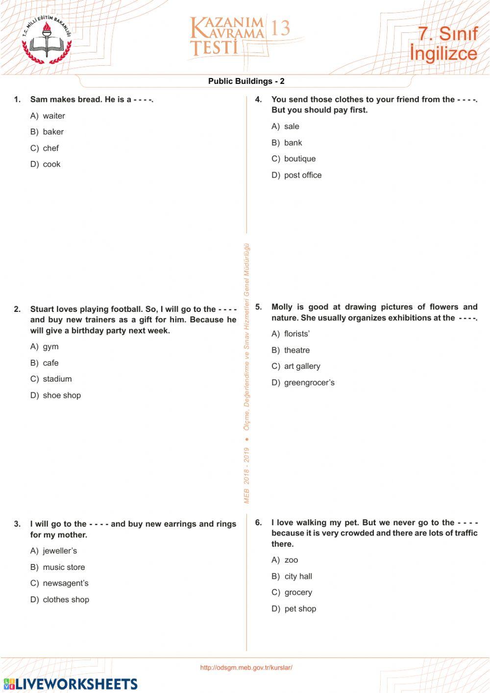 Public buildings worksheet for grade 7 | Live Worksheets