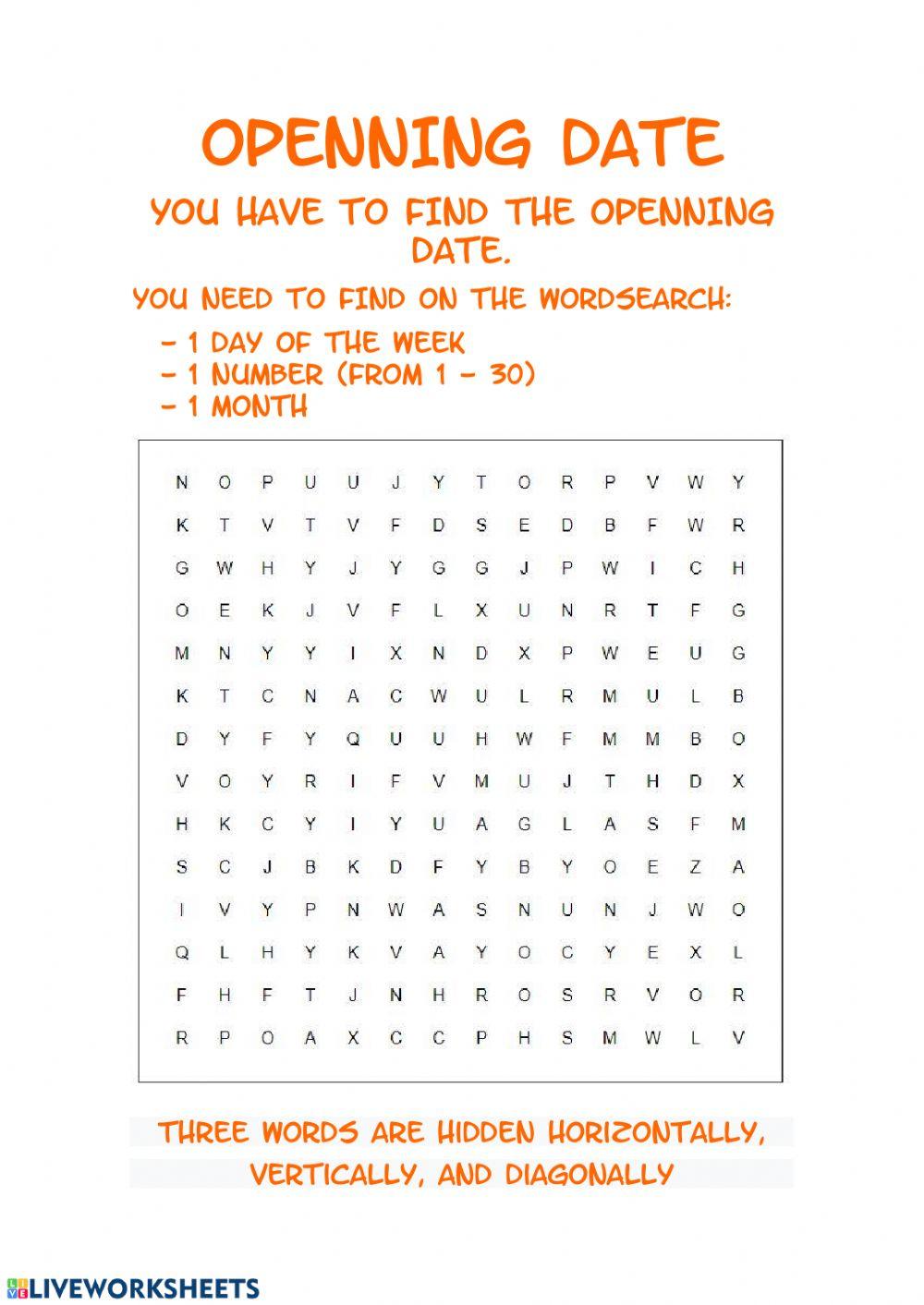 Openning date worksheet | Live Worksheets