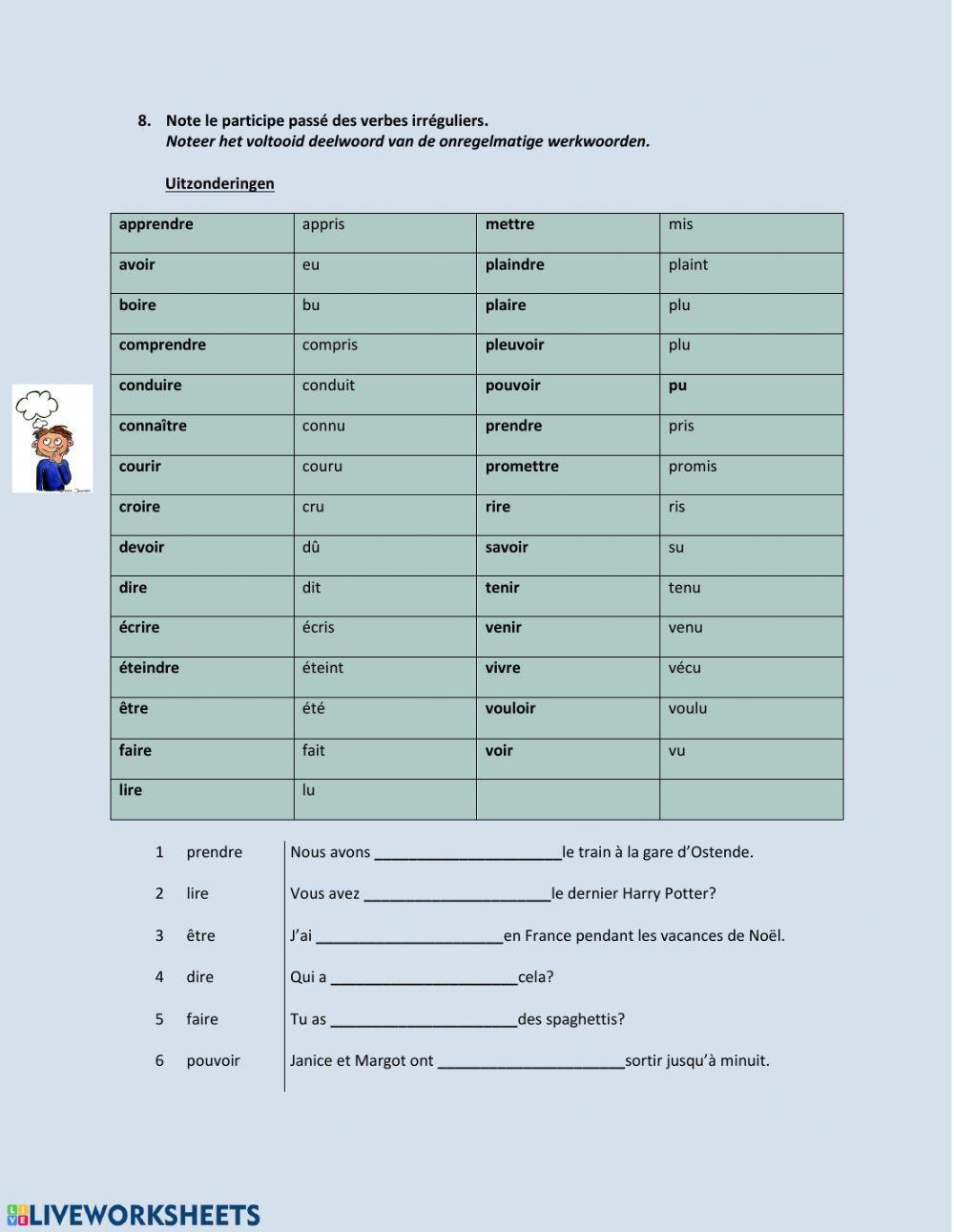 Le passé composé avec avoir partie 1 worksheet | Live Worksheets