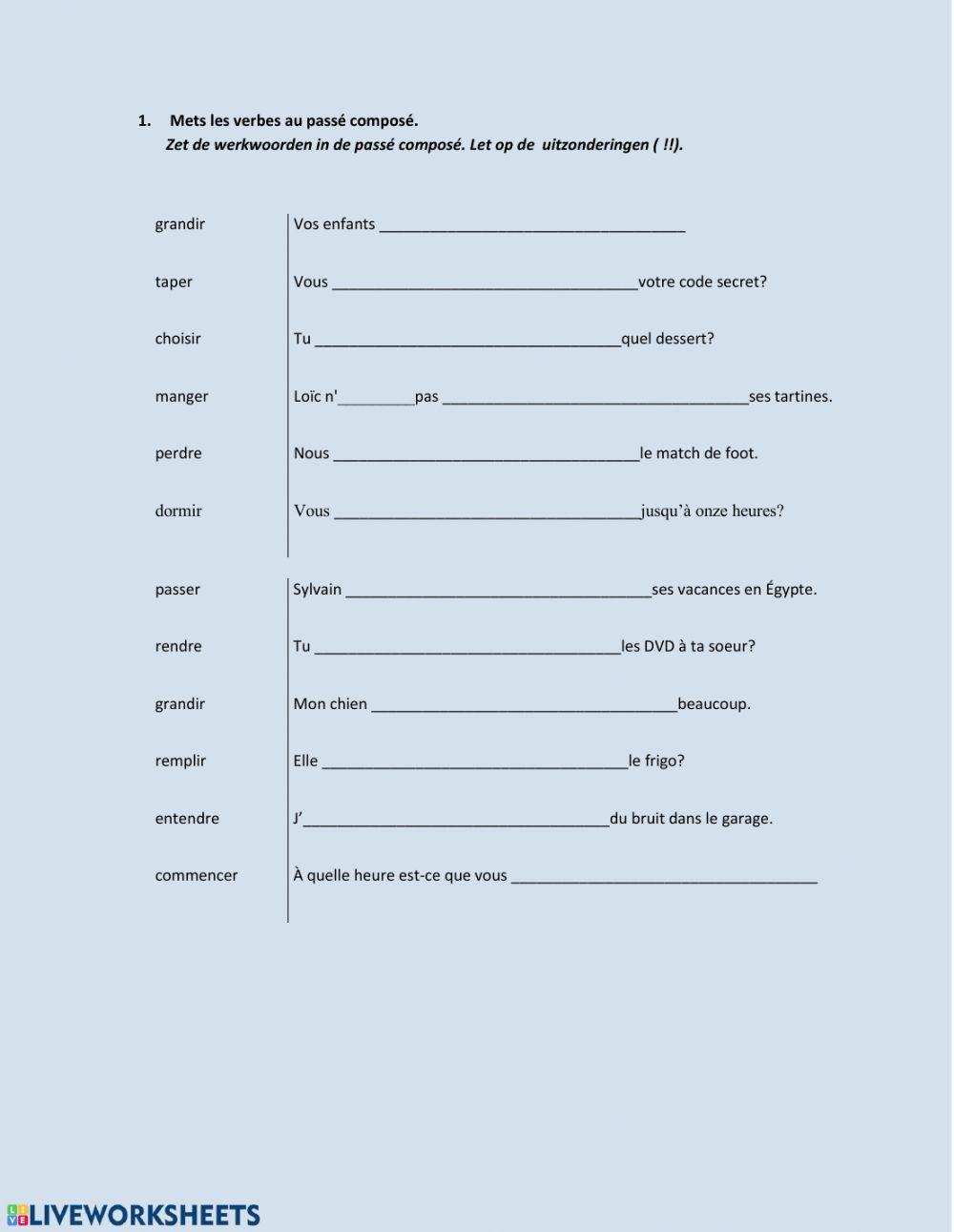 Passé composé avec avoir partie 2 worksheet | Live Worksheets