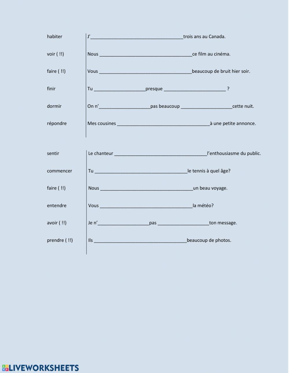 Passé composé avec avoir partie 2 worksheet | Live Worksheets