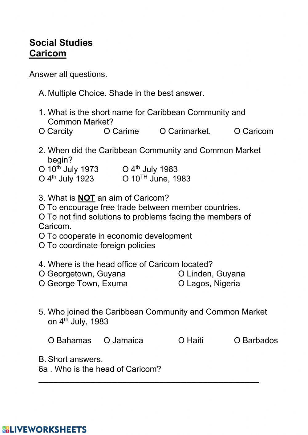 Caricom | Free Interactive Worksheets | 119852