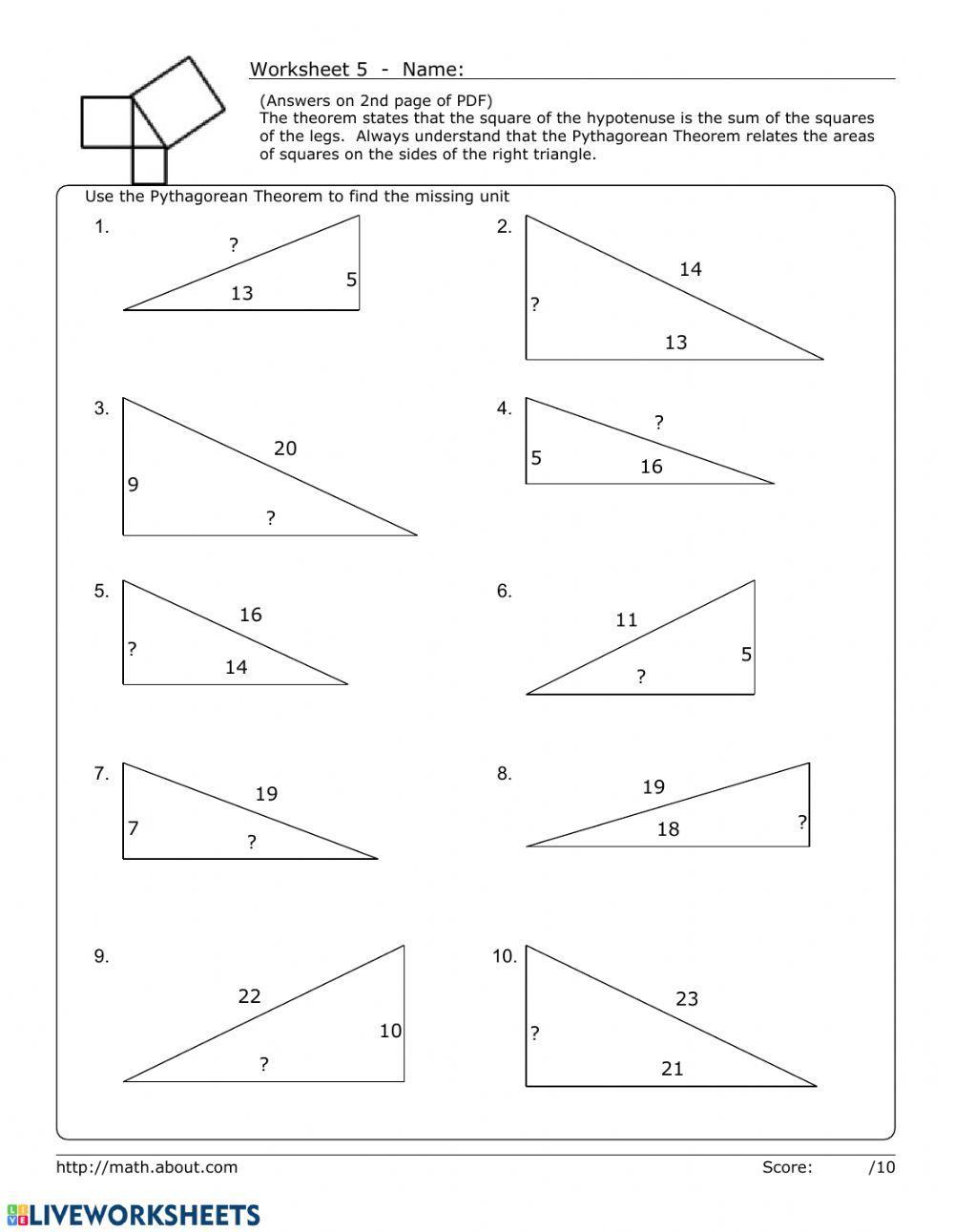 Питагорова теорема Worksheet Live Worksheets