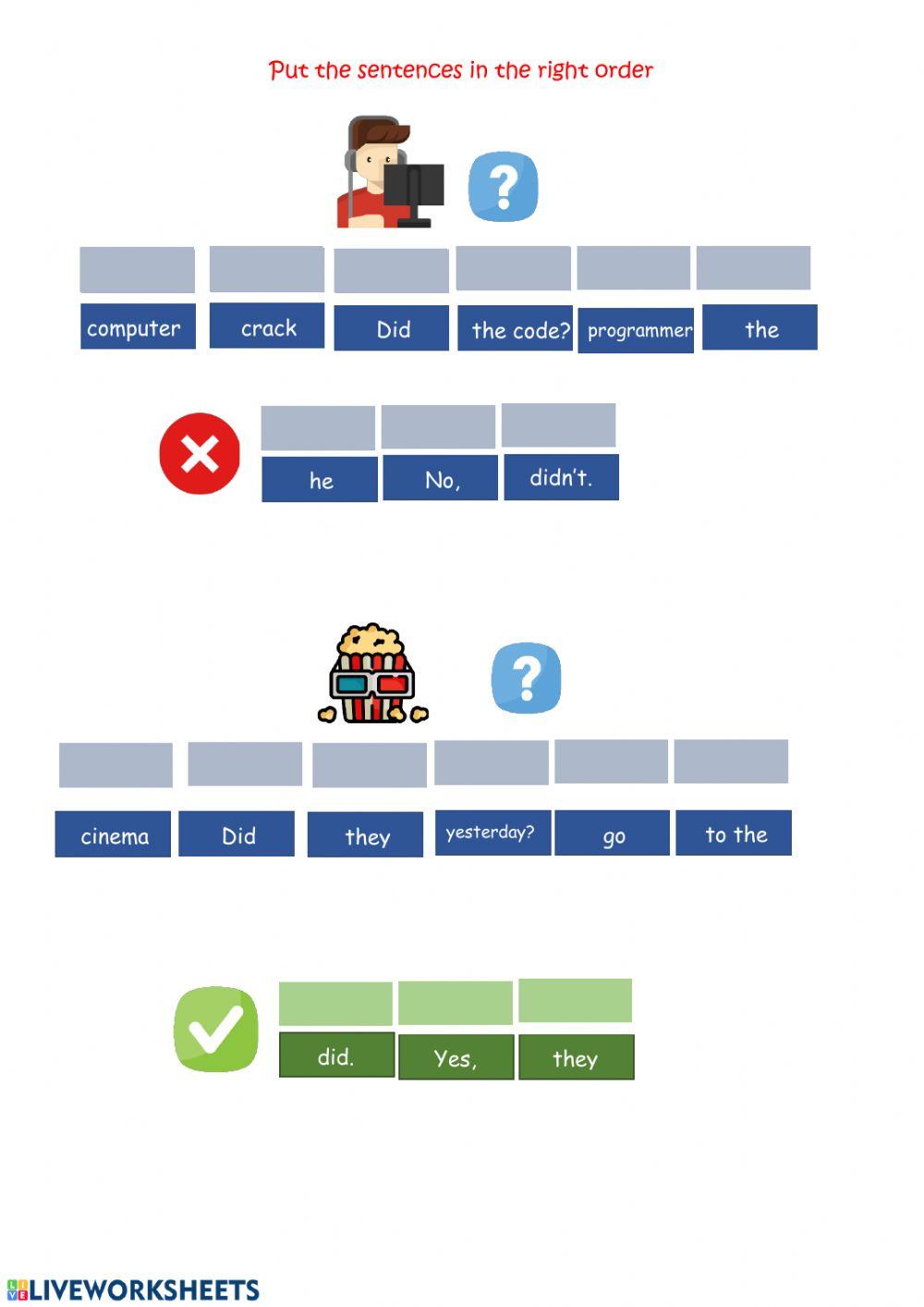 Put the sentences in order Past verbs 5º EPO online exercise for | Live ...
