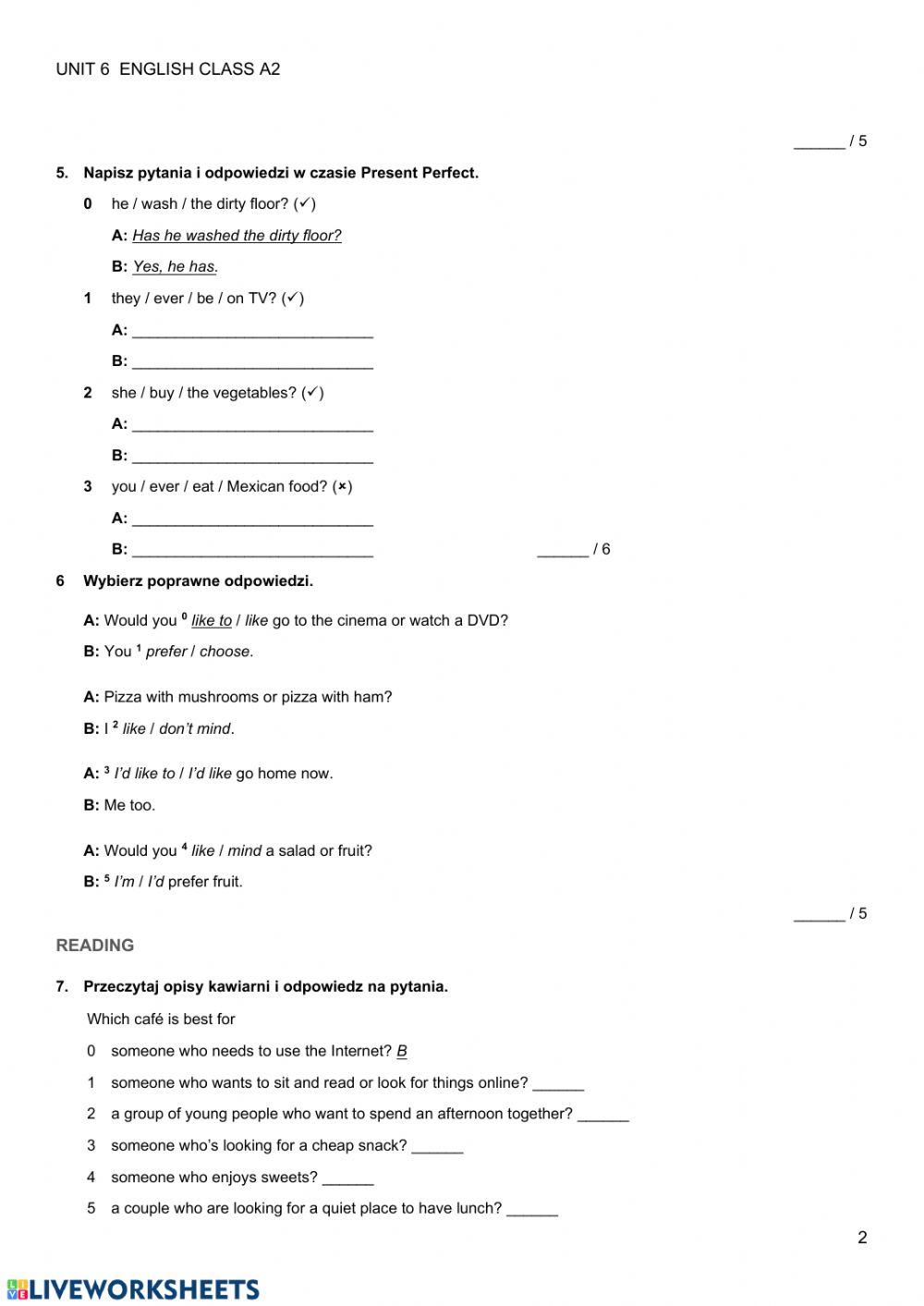 English class A2 test unit 6 online exercise for | Live Worksheets
