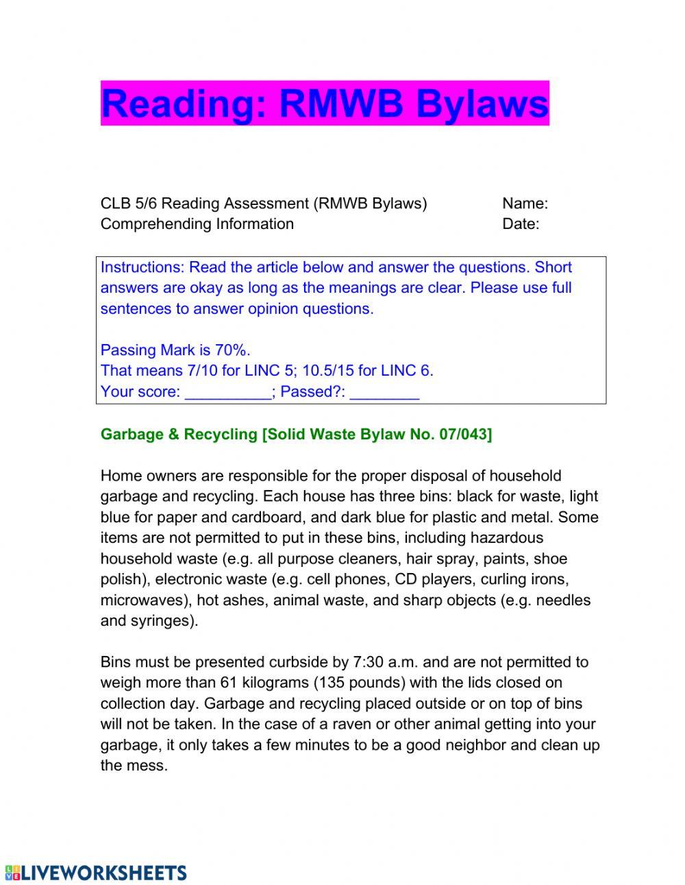 RMWB Bylaws | Free Interactive Worksheets | 120551