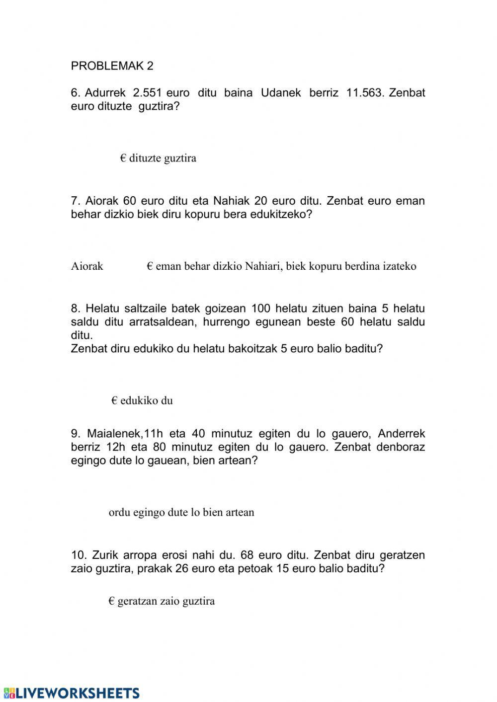 Problemak 2 interactive worksheet | Live Worksheets