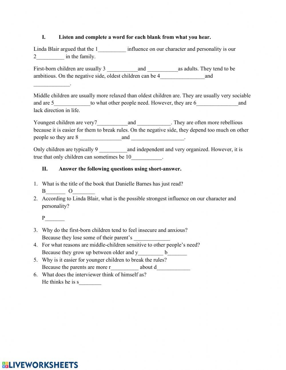 Listening Pratice Birth Order page 11 online exercise for | Live Worksheets