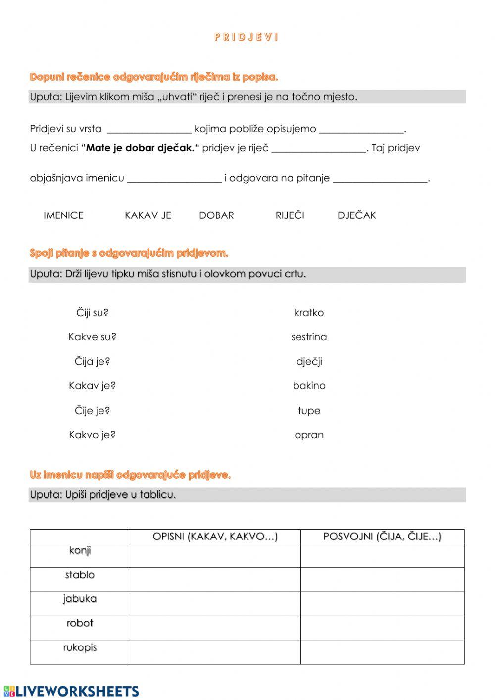 Pridjevi, 3.r. online exercise for | Live Worksheets