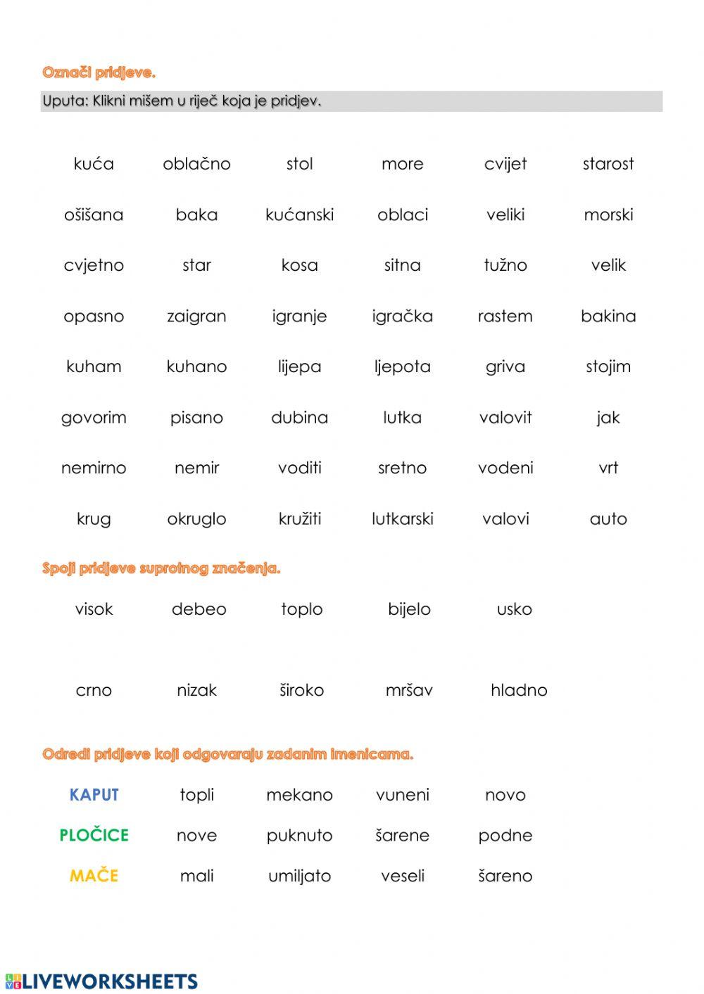 Pridjevi, 3.r. online exercise for | Live Worksheets