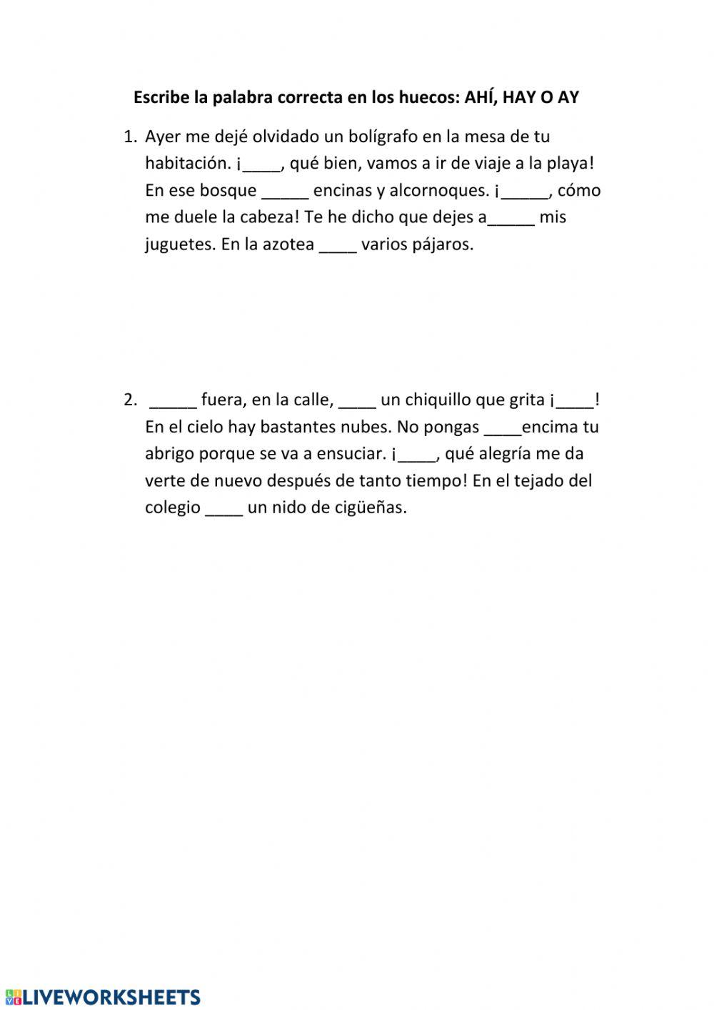 Ortografía hay-ay-ahí interactive worksheet | Live Worksheets