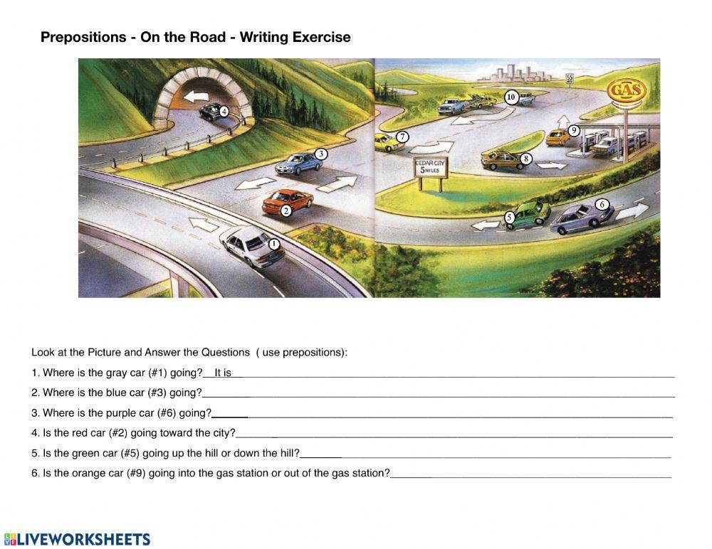 Car Verbs- Prepositions on the Road- Writing sentences