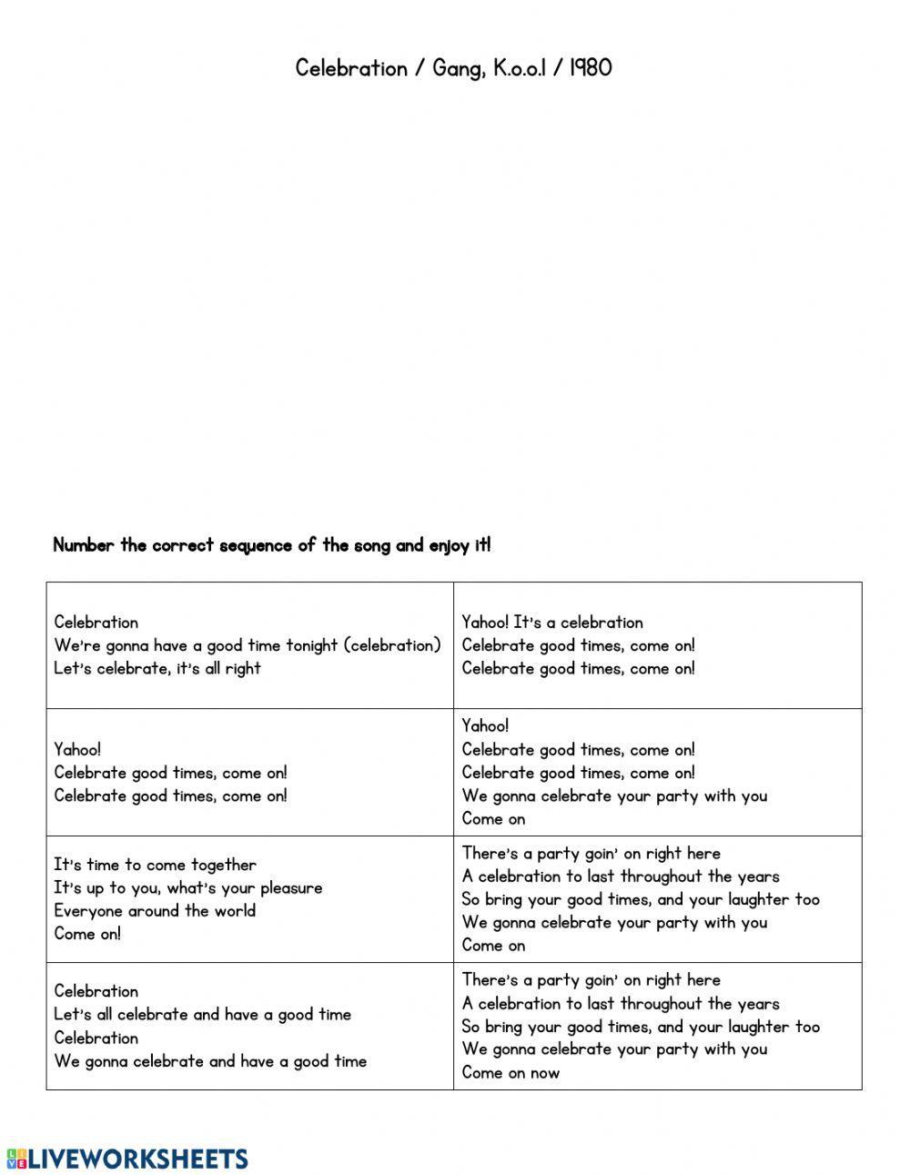 Celebration Song | Free Interactive Worksheets | 124409