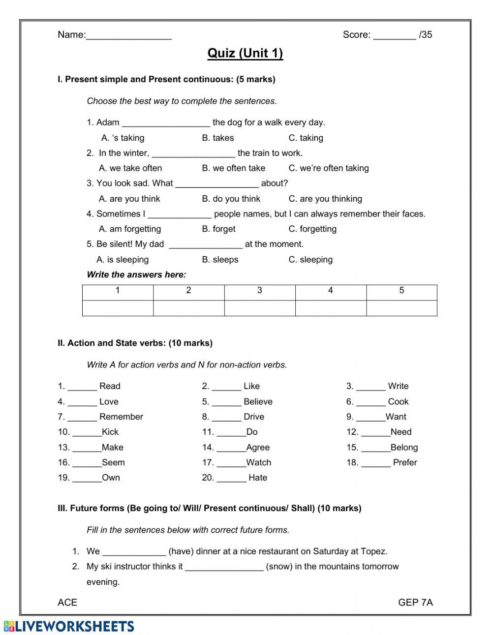GEP 7A - Quiz (Unit 1) worksheet | Live Worksheets