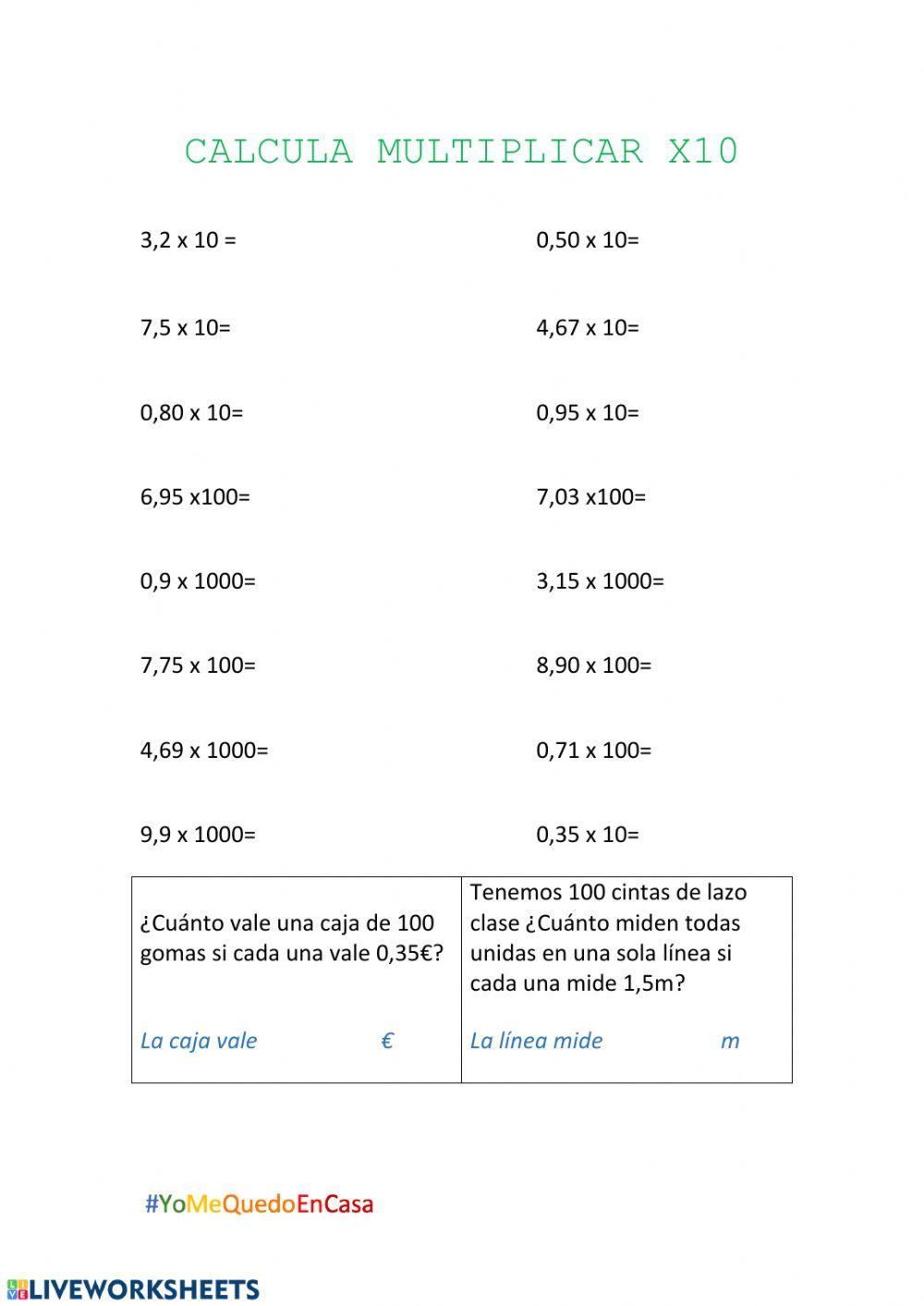 Multiplicar y dividir x10, 100, 1000 worksheet | Live Worksheets