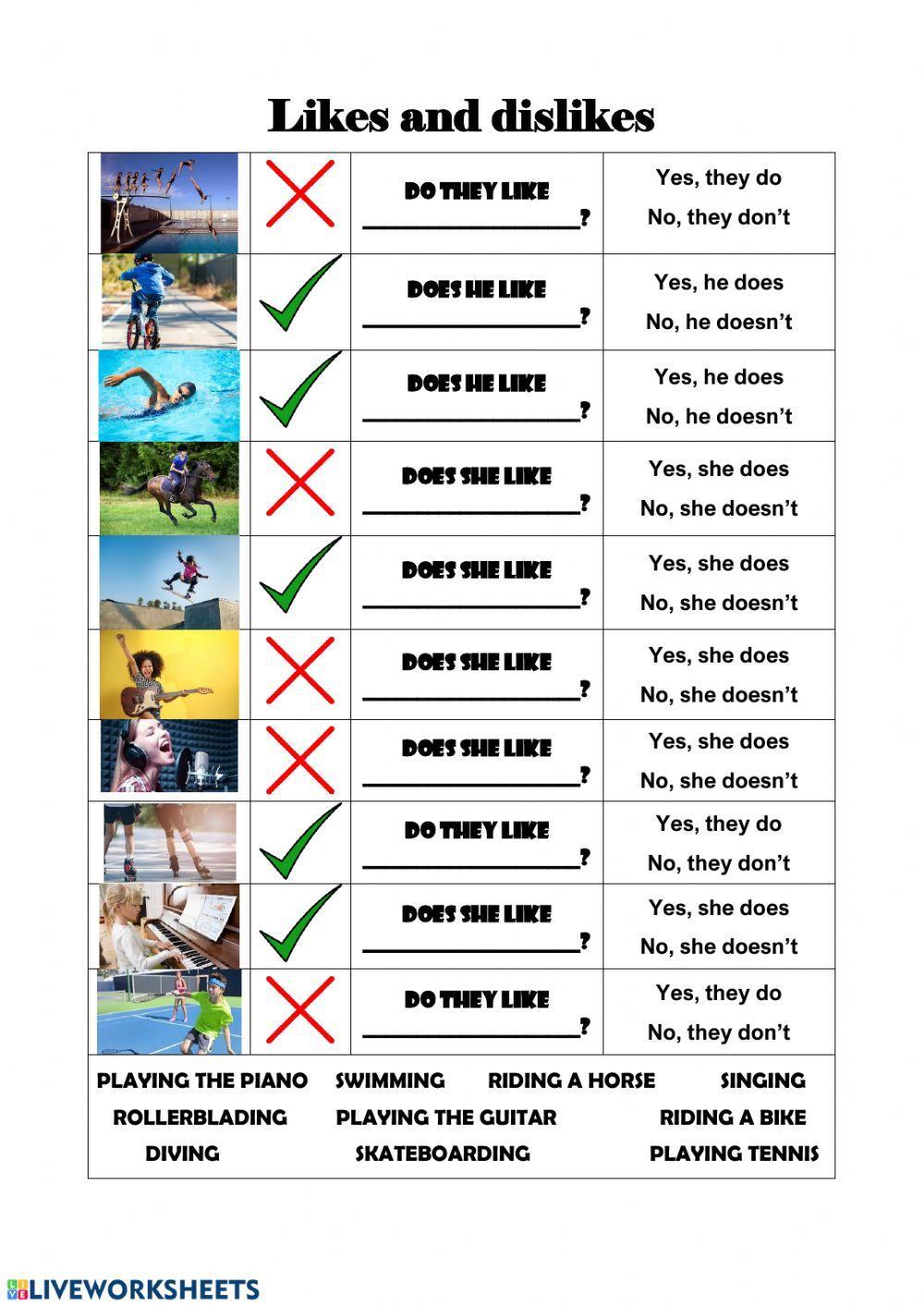 Likes and disli… | Free Interactive Worksheets | 124780