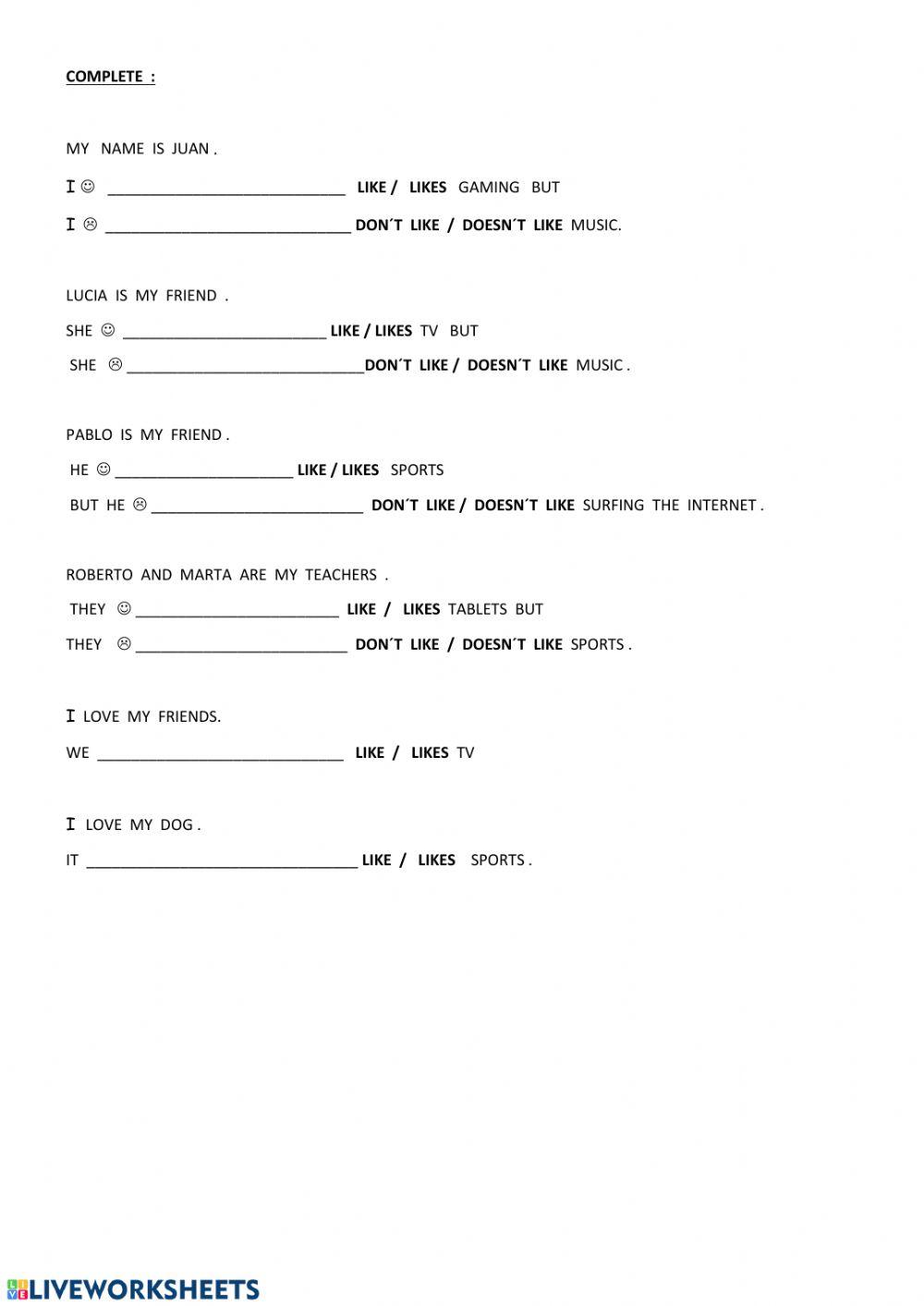 Likes and dislikes worksheet | Live Worksheets