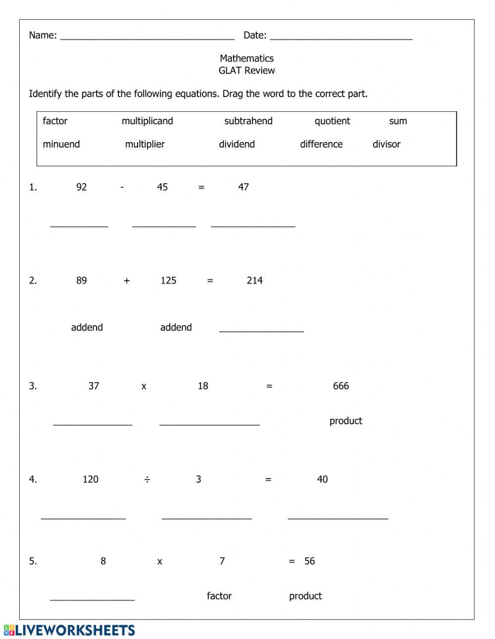 Math Vocabulary 2457 | Sbraynen05 | Live Worksheets