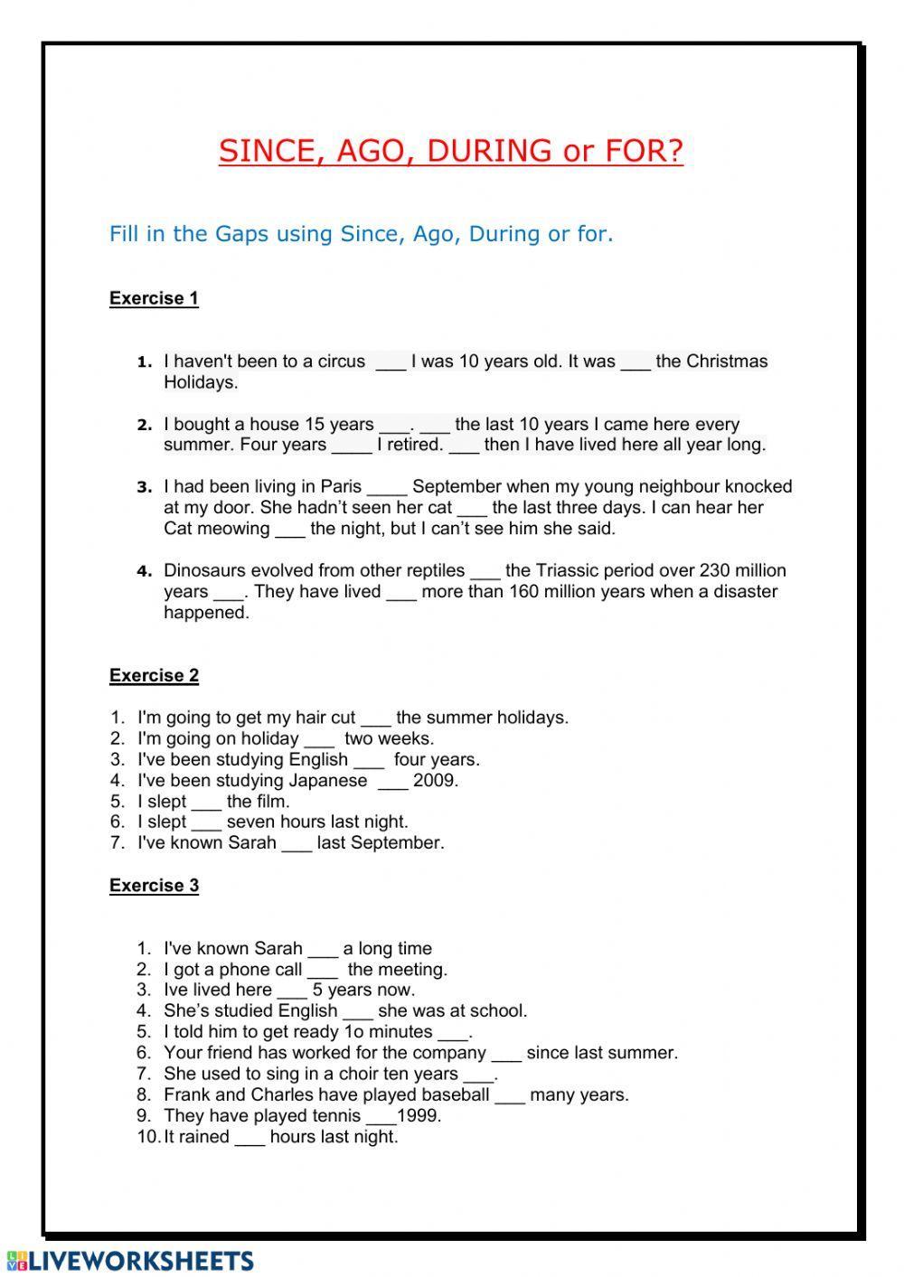Since, for, dur… | Free Interactive Worksheets | 125469