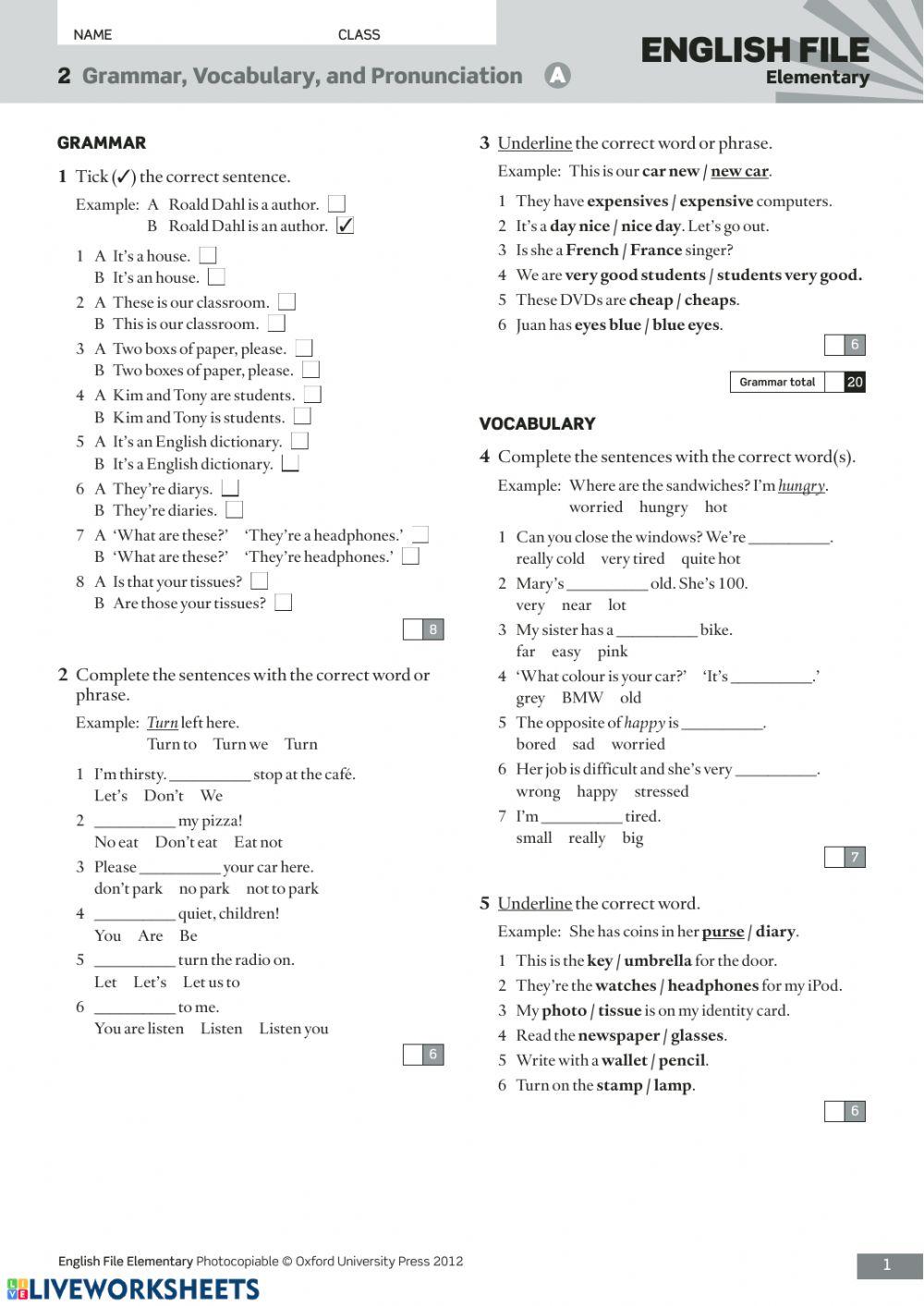 ENGLISH FILE ELEMENTARY UNIT TEST 2 5524771 | caroline01