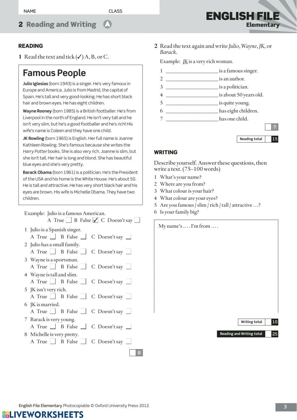 ENGLISH FILE ELEMENTARY UNIT TEST 2 5524771 | caroline01