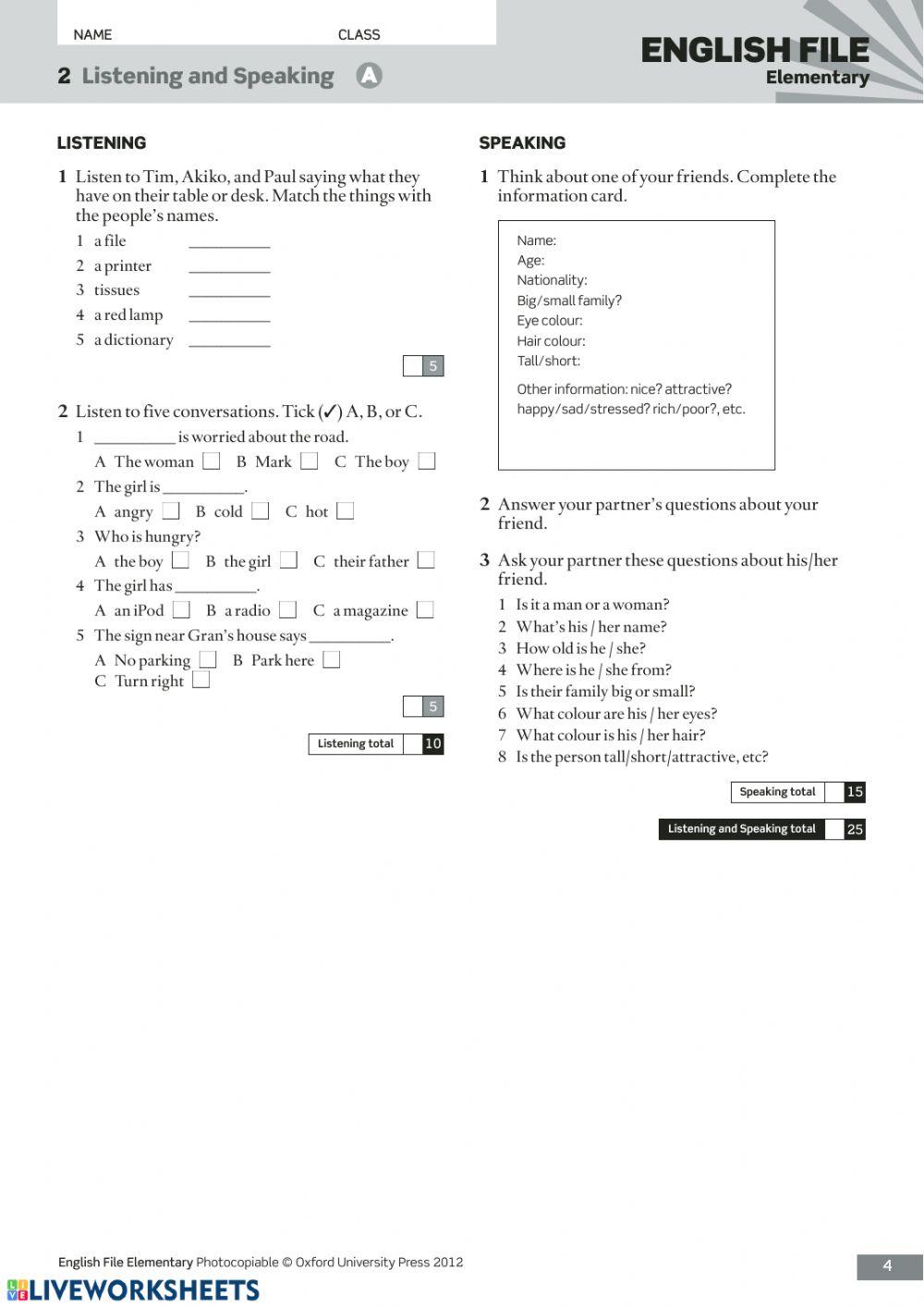 ENGLISH FILE ELEMENTARY UNIT TEST 2 5524771 | caroline01