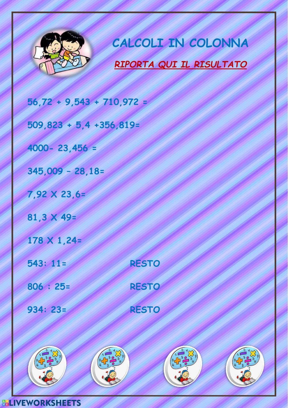 Calcoli in colonna interactive worksheet | Live Worksheets