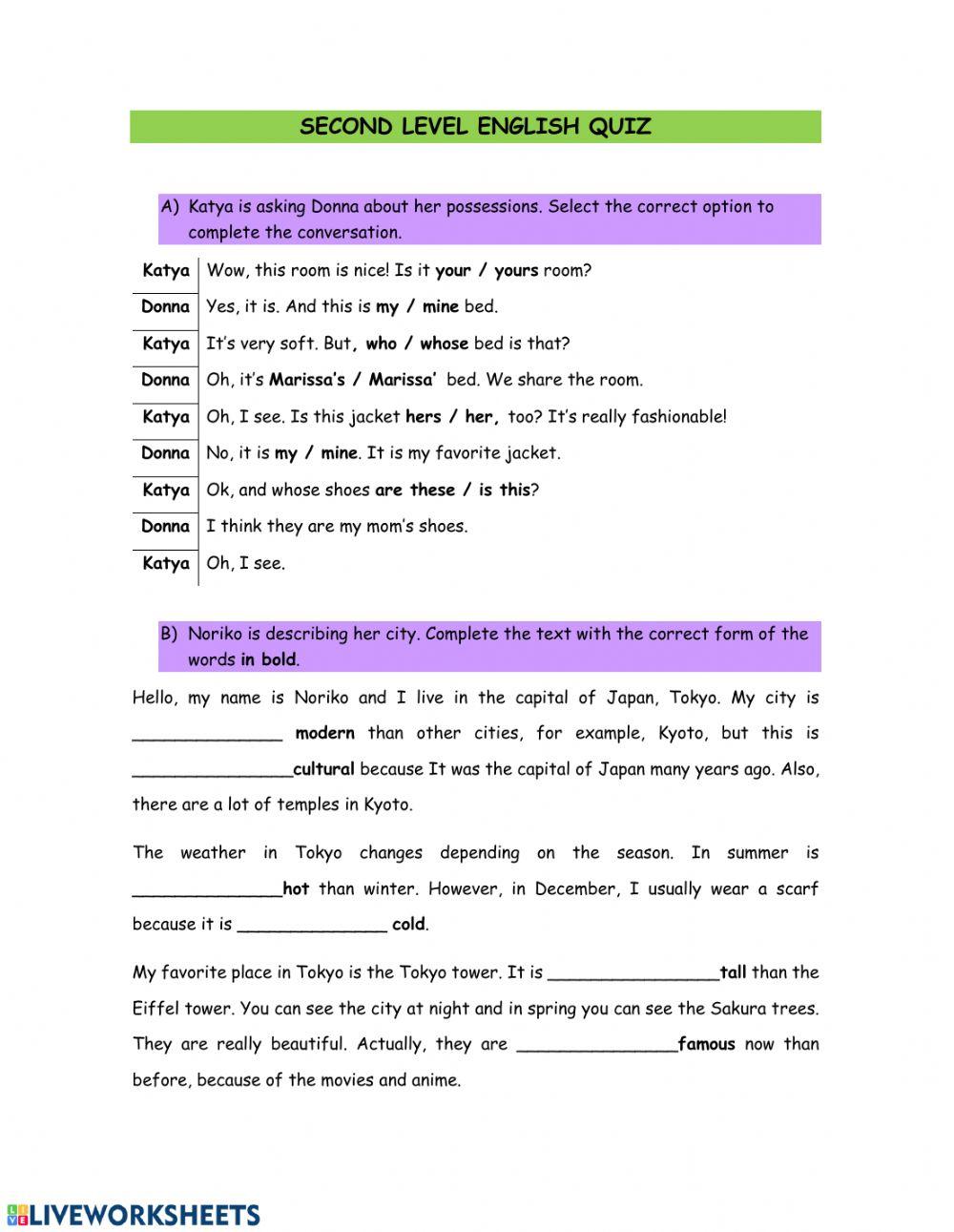 Second level english quiz worksheet | Live Worksheets