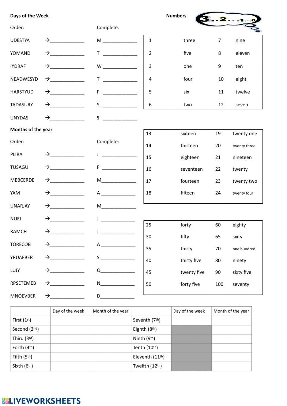 Months and week days worksheet | Live Worksheets