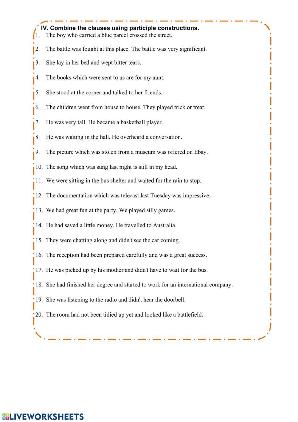 Participle clau… | Free Interactive Worksheets | 127237