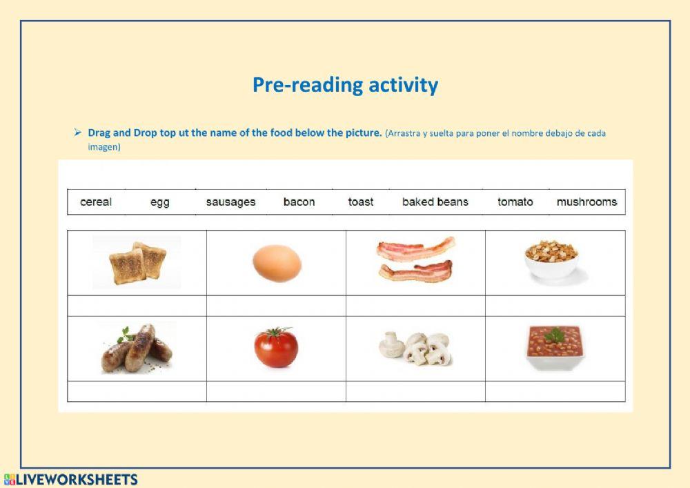 Food pre-reading worksheet | Live Worksheets