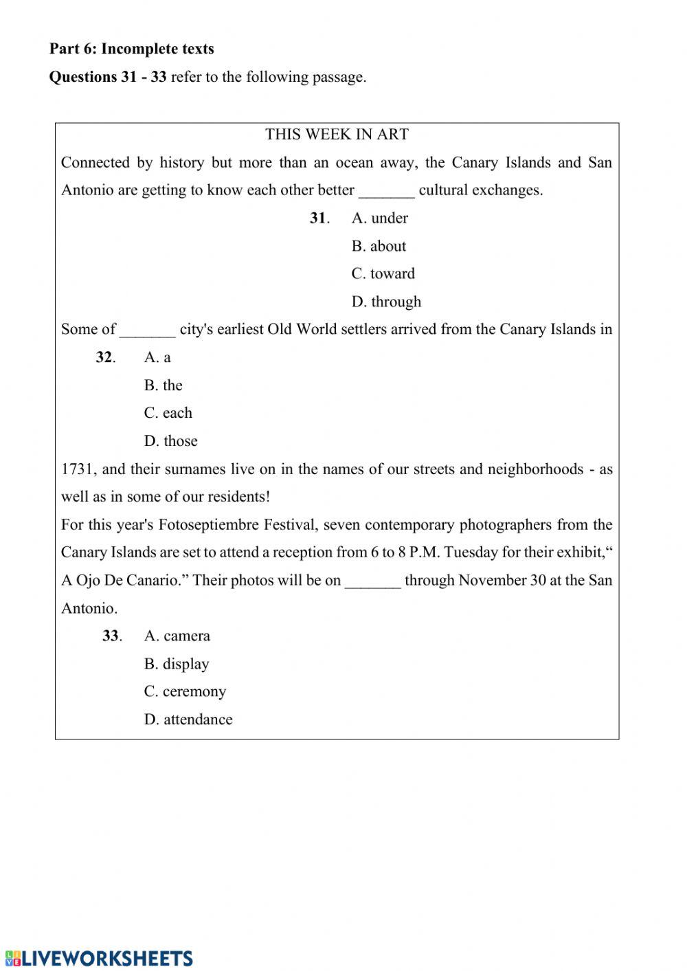 TOEIC reading -… | Free Interactive Worksheets | 5530017