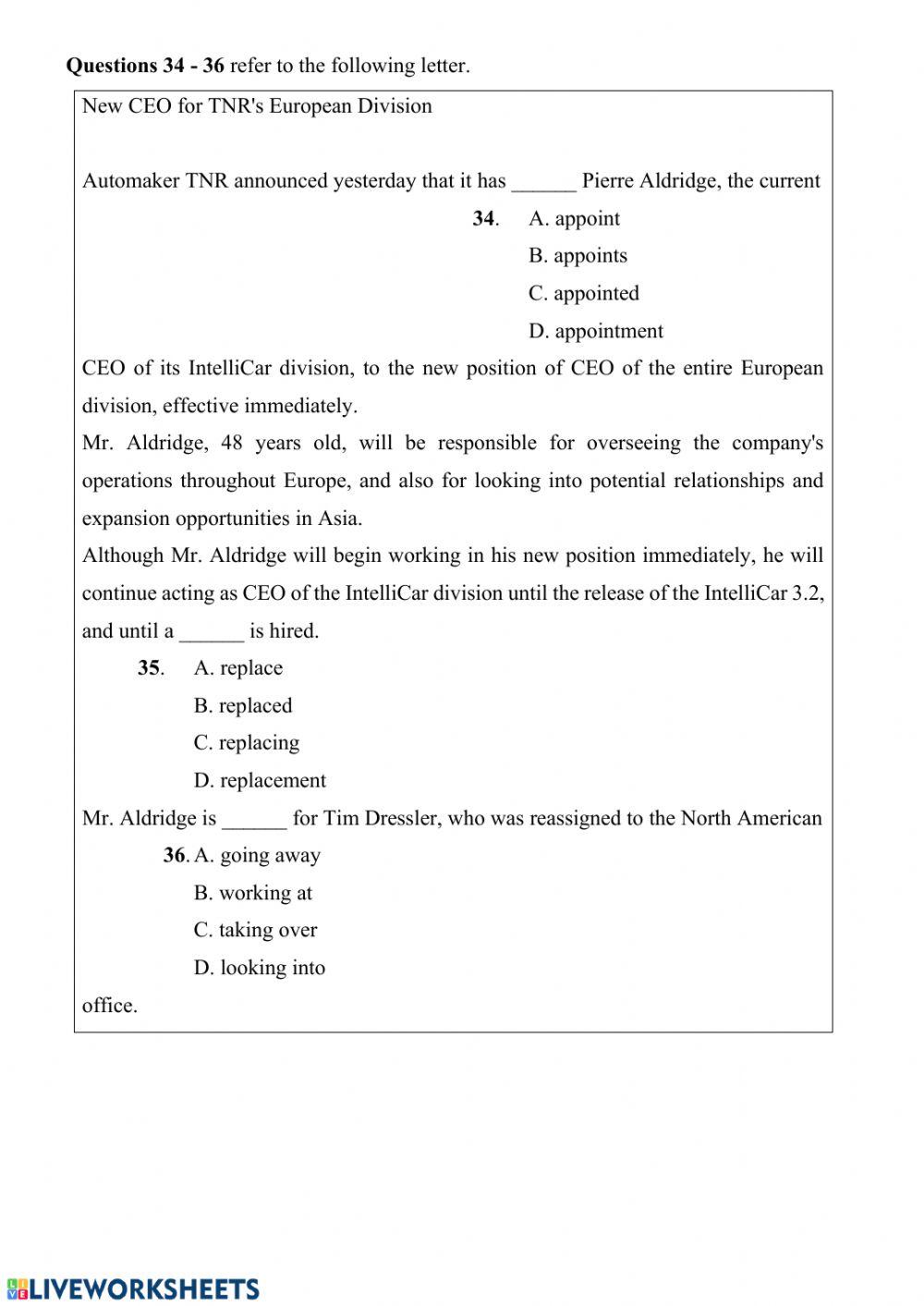 TOEIC reading -… | Free Interactive Worksheets | 5530017