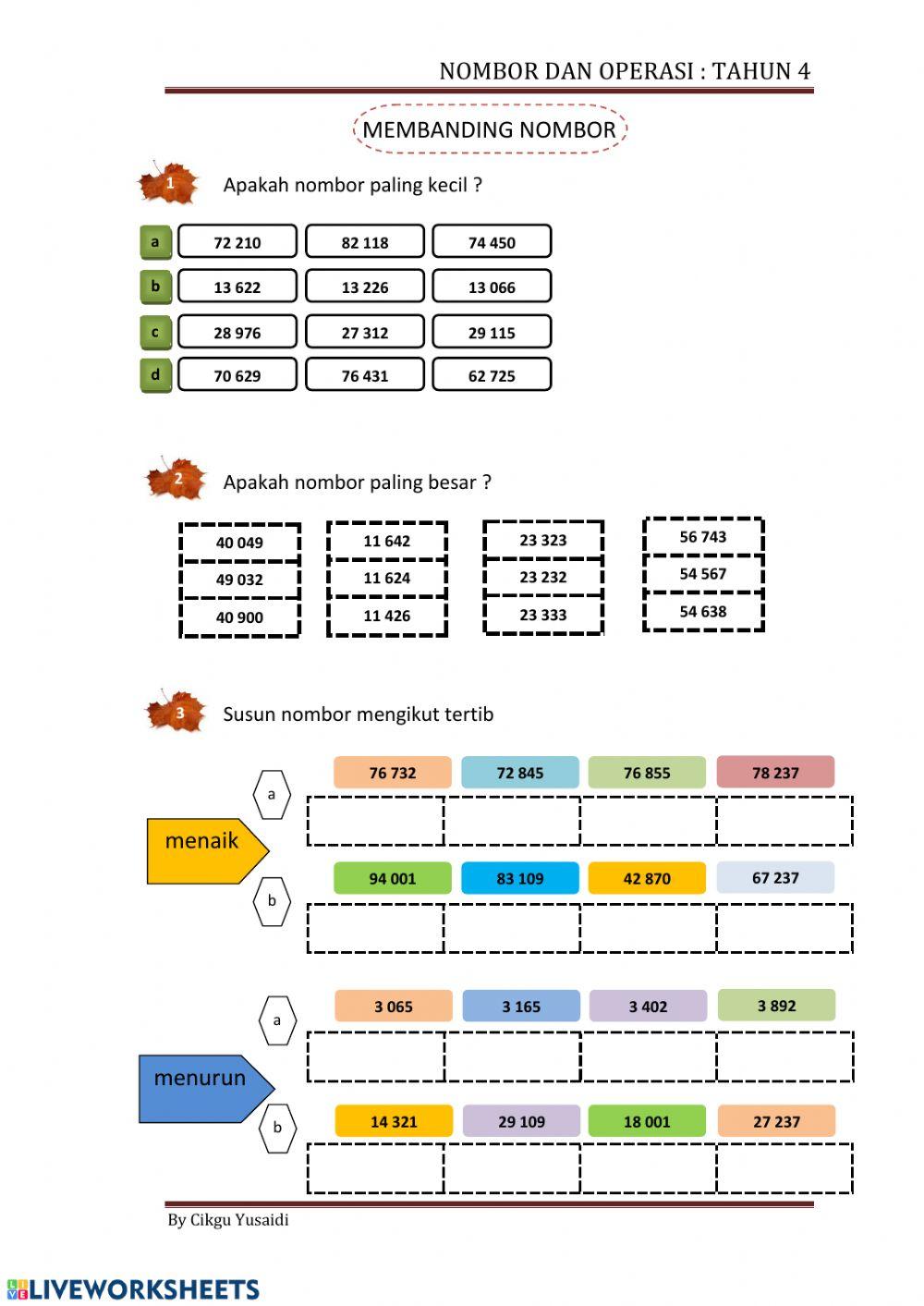 MEMBANDING NOMBOR TAHUN 4 worksheet | Live Worksheets