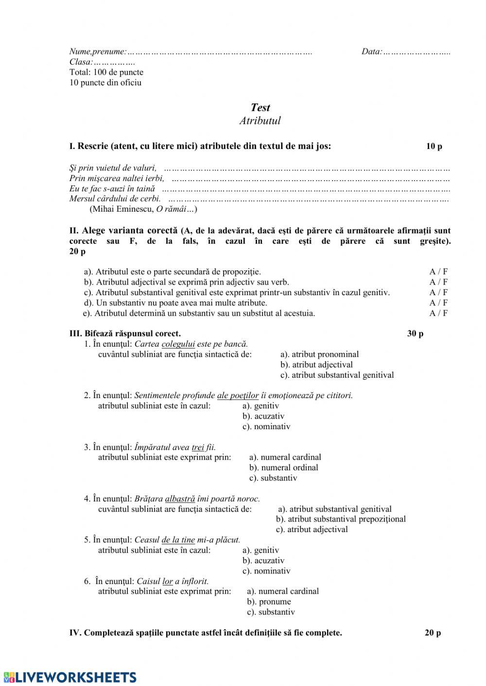 Atributul | Free Interactive Worksheets | 129673