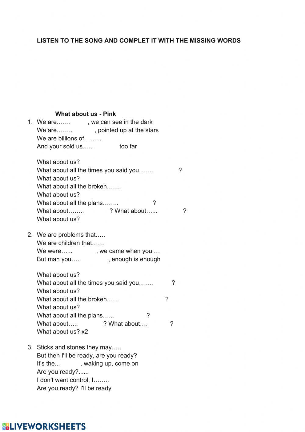 Song interactive exercise for intermediate | Live Worksheets