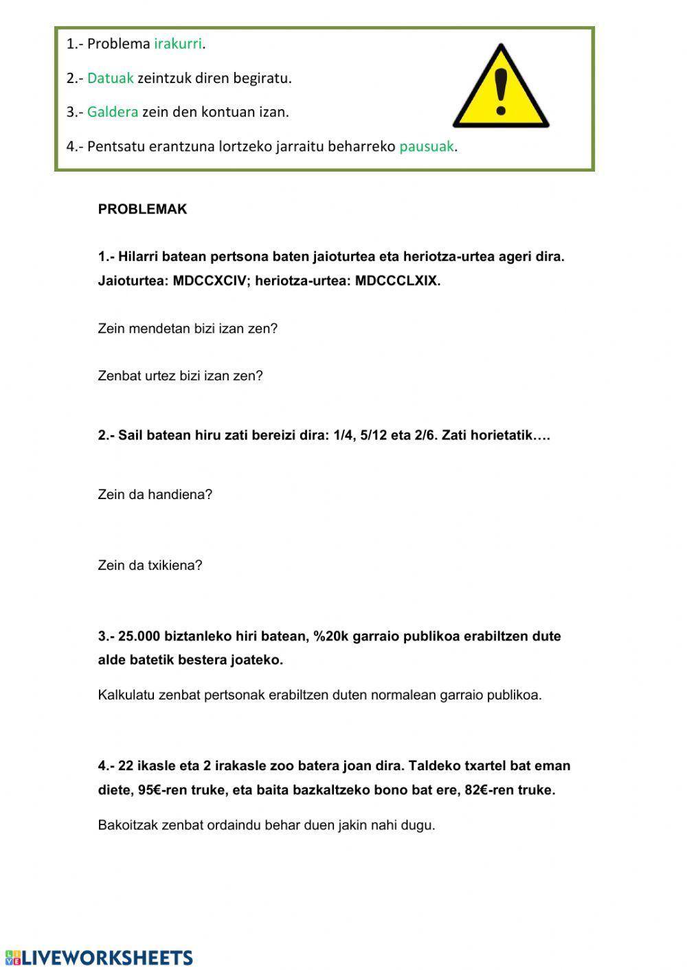 Problemak | Free Interactive Worksheets | 129932