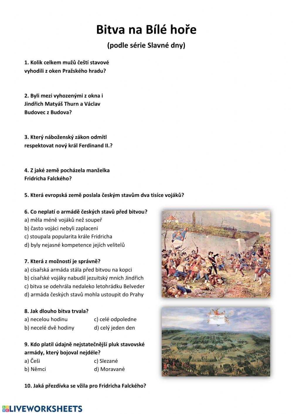 Bitva na Bílé h… | Free Interactive Worksheets | 130291