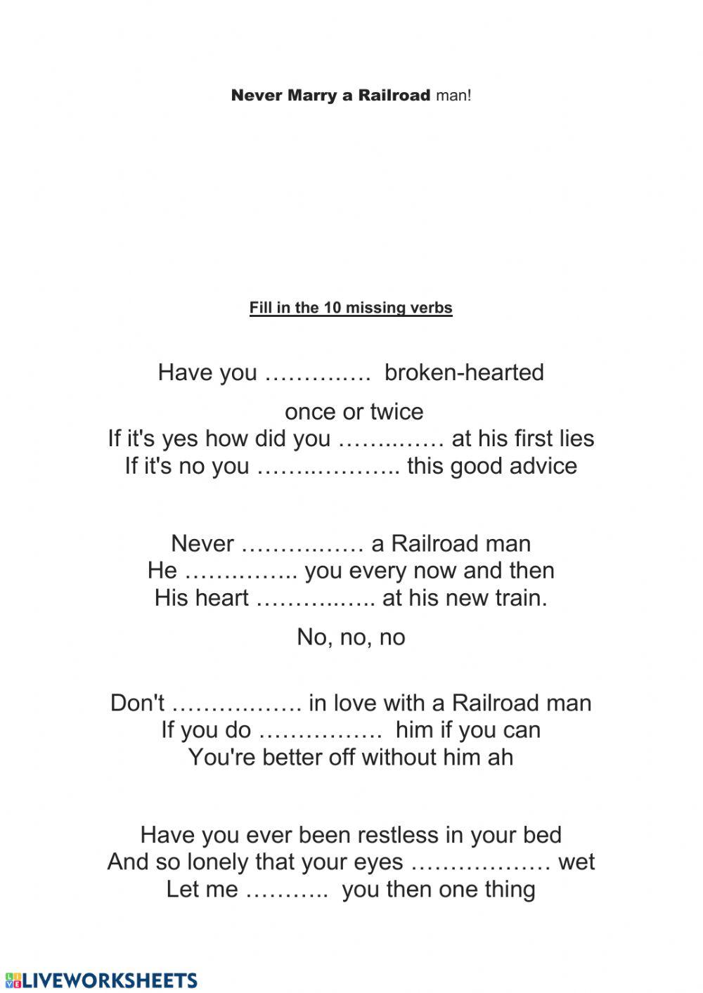 Never marry a railroad man! worksheet | Live Worksheets