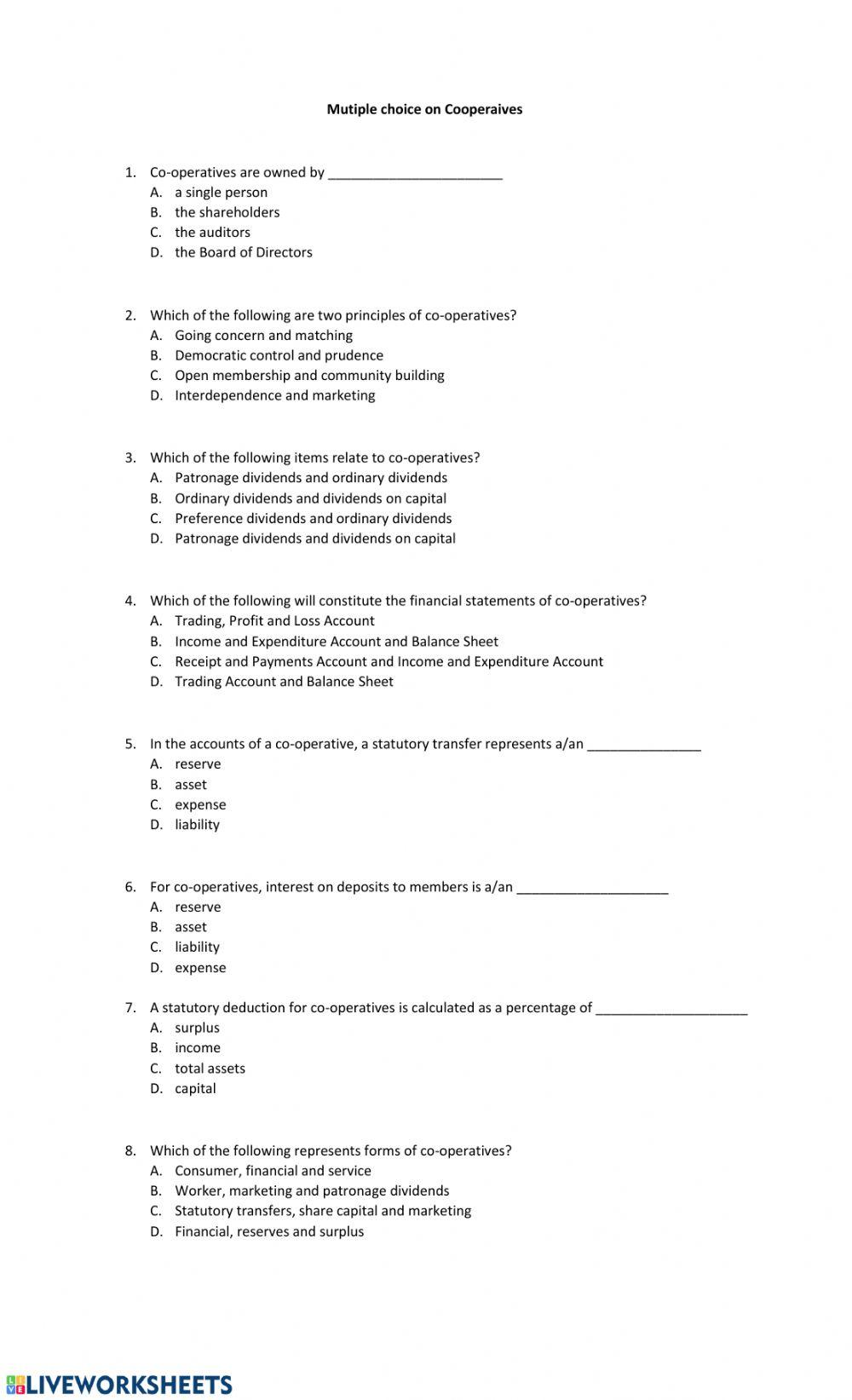 Cooperatives Multiple Choice Worksheet 5535819