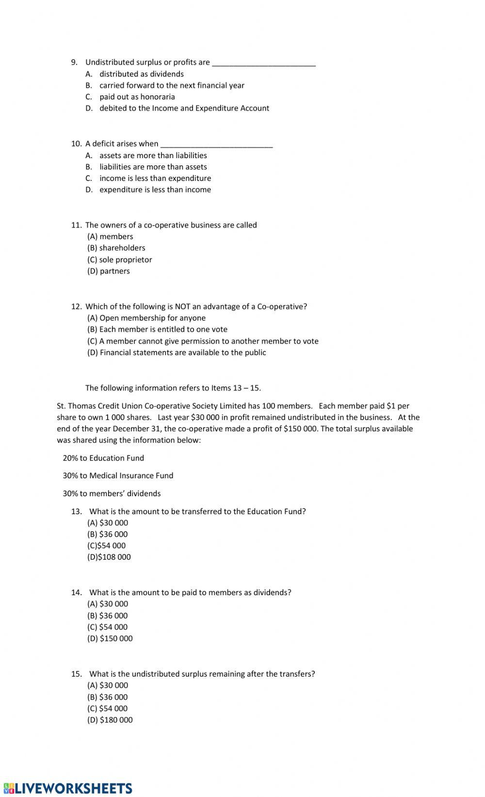 Cooperatives Multiple Choice Worksheet 5535819