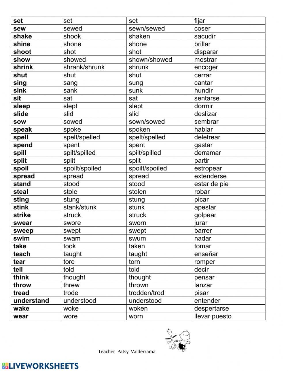 Verb list worksheet | Live Worksheets
