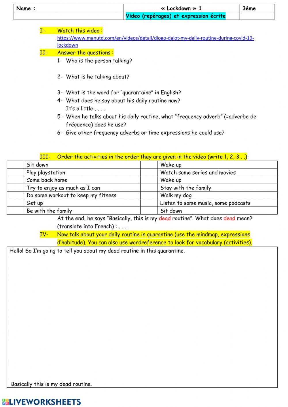 My lockdown routine worksheet | Live Worksheets