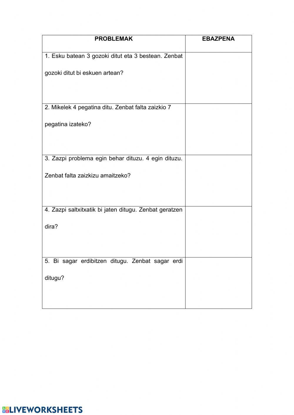 Problemak online worksheet | Live Worksheets