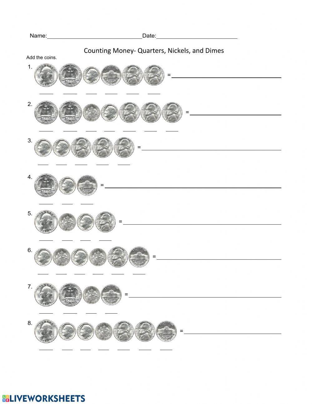 Counting Money Quarters Nickels And Dimes Worksheet Live Worksheets counting-money-quarters-nickels-and-dimes-worksheet-live-worksheets
