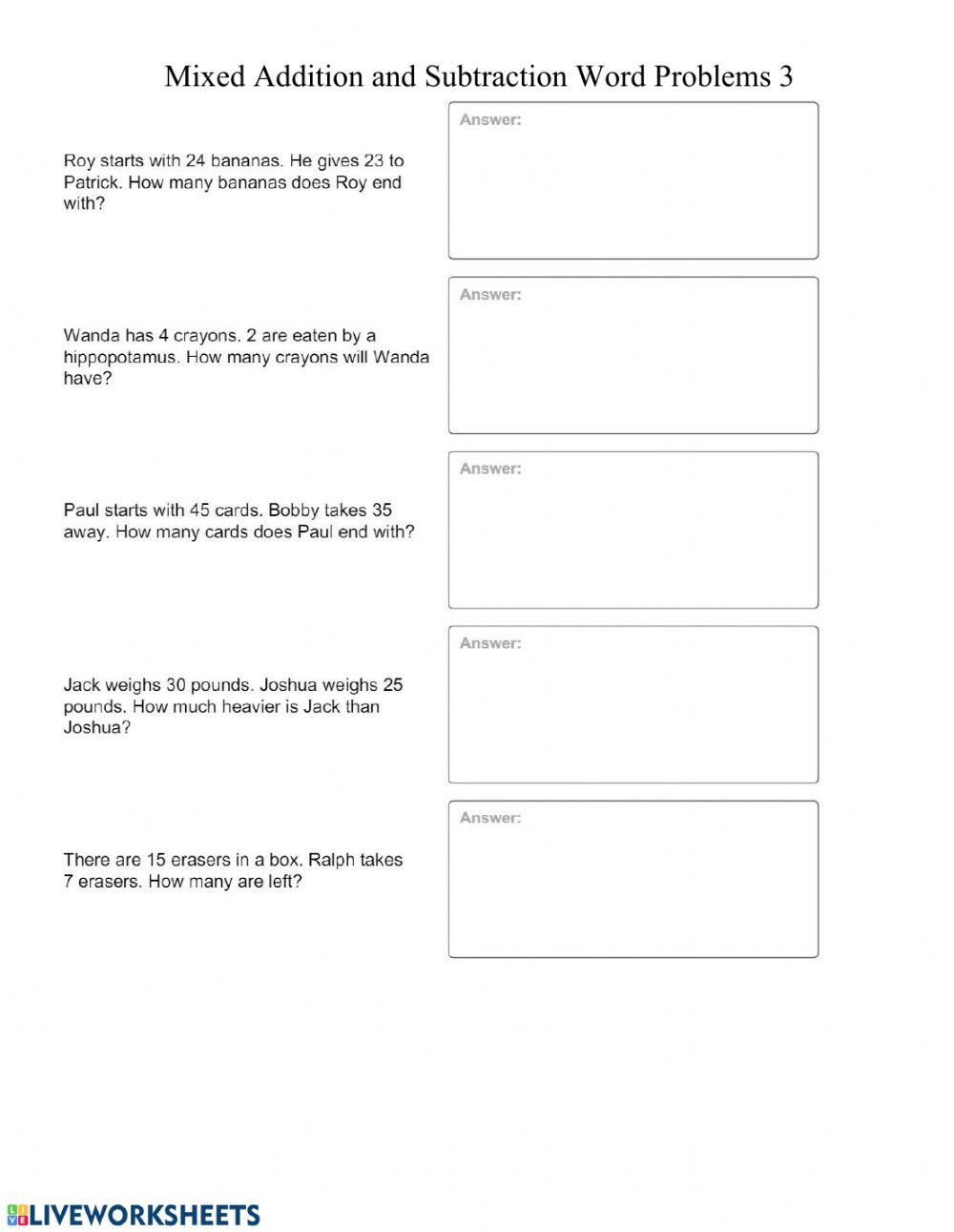 Addition And Subtraction Word Problems 3 Worksheet Live Worksheets Addition And Subtraction Word Problems 3 Worksheet Live Worksheets