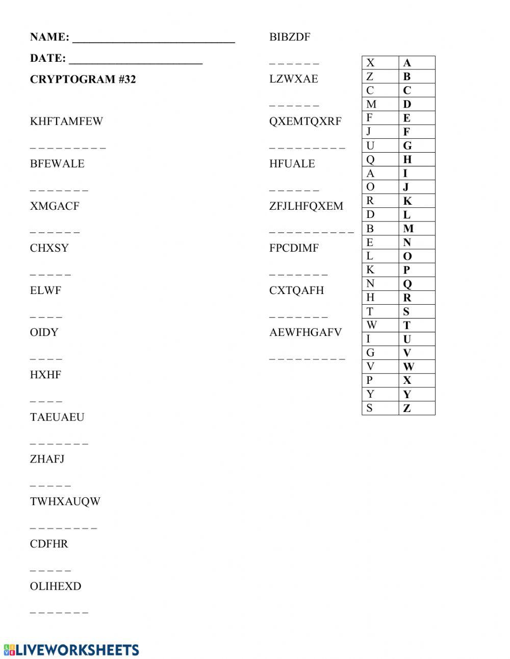 Cryptogram -32 | Free Interactive Worksheets | 133809
