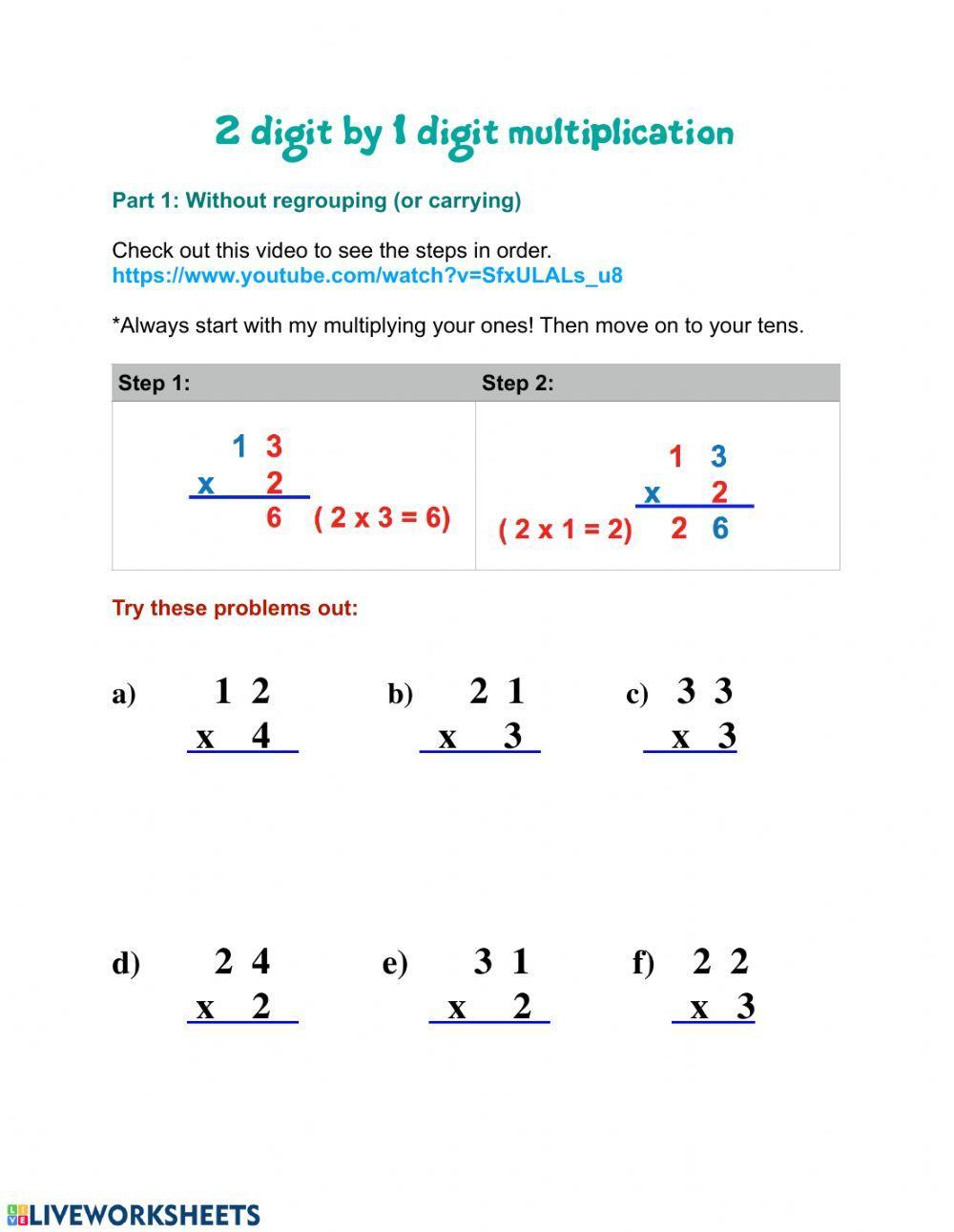 2 by 1 digit multiplication worksheet | Live Worksheets