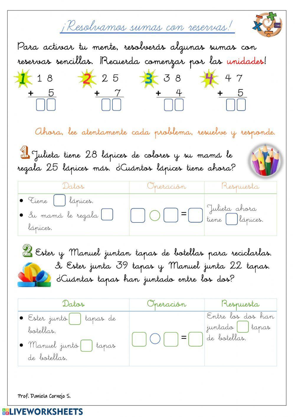 Sumas con reservas (2dígitos) worksheet | Live Worksheets