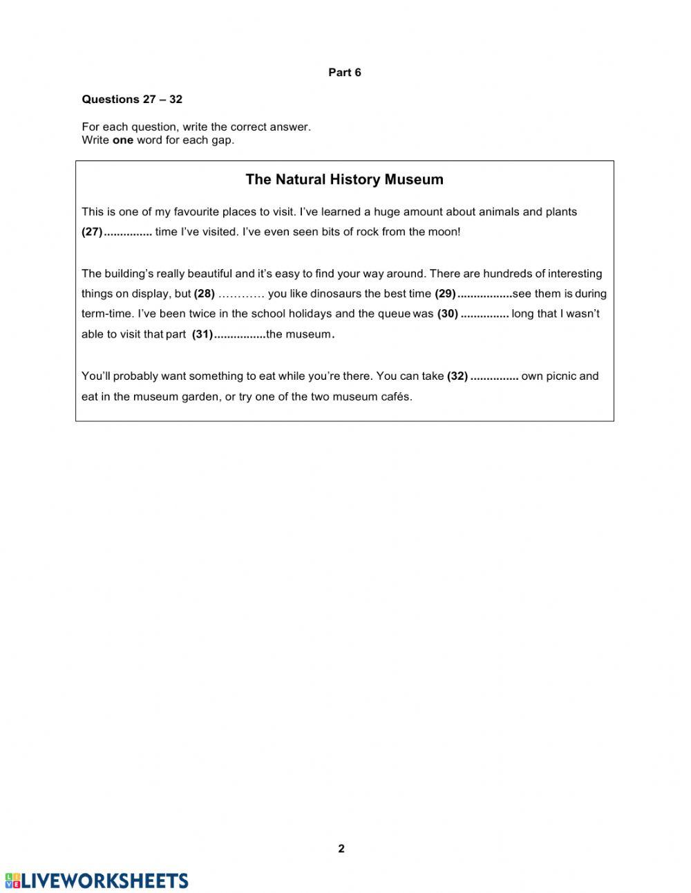 CAMBRIDGE B1 PART 5-6 READING - GRAMMAR online exercise for | Live ...